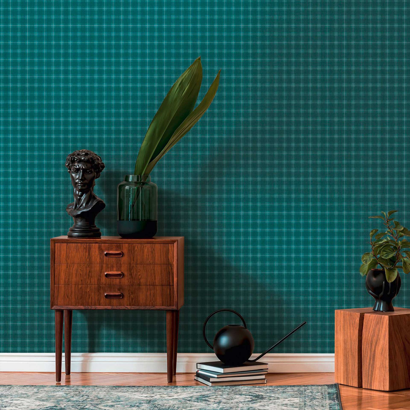 Vintage Karo-Tapete Grün Blau - Retro-Mustertapete karriert ...