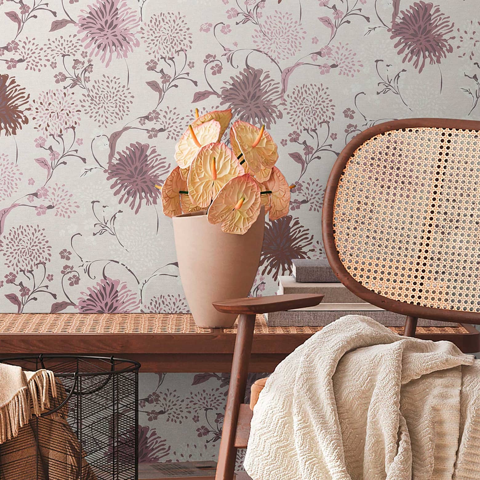 bloemen behang abstract wit paars - bloemen behang - natuurlijk ...