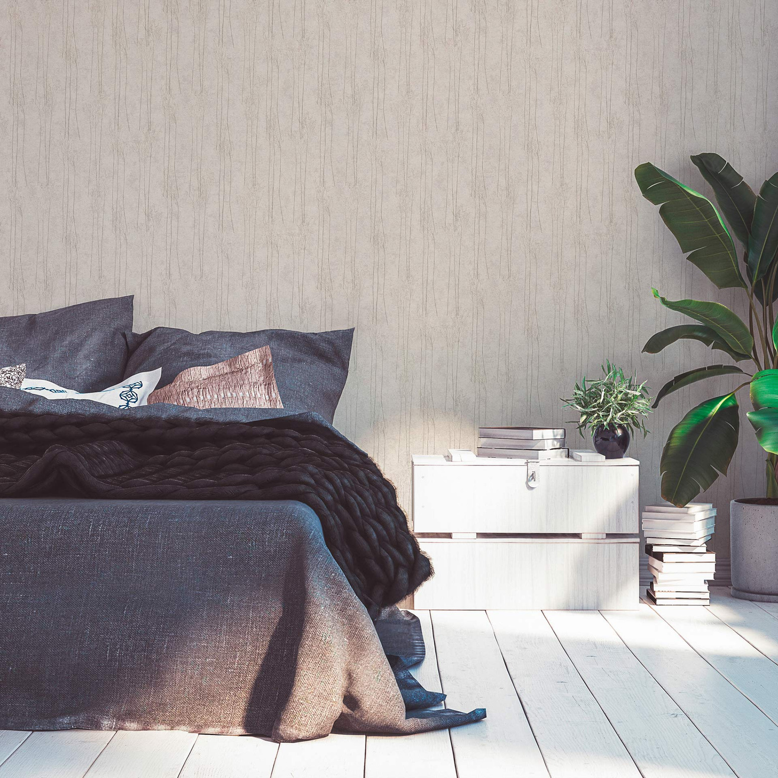 Skandinavisk tapet med pampasgræs i grå og beige non-woven tapet med ...