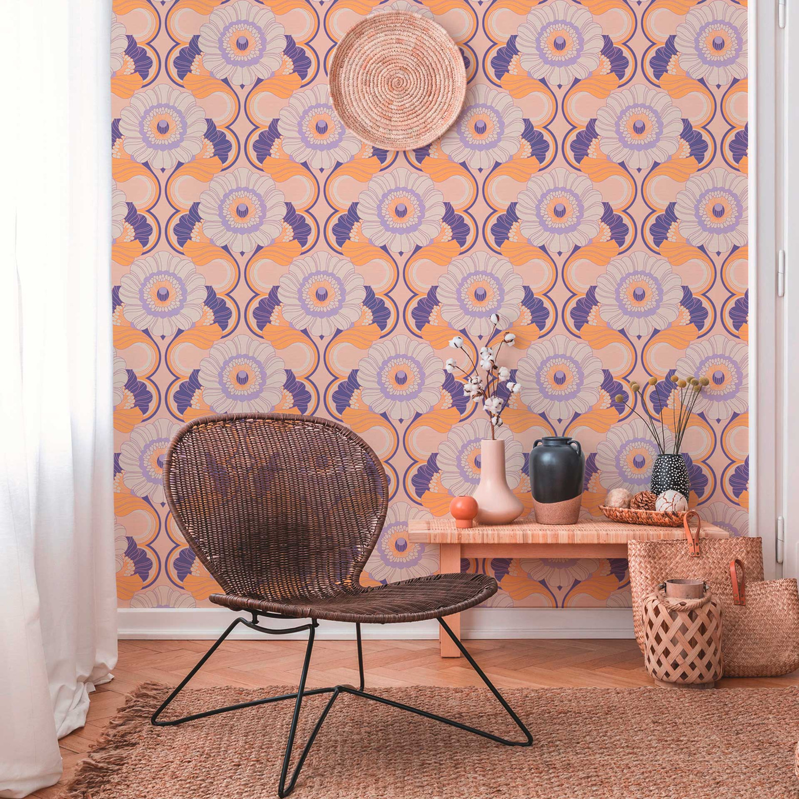 Papier peint rétro multicolore - papier peint intissé floral de style ...