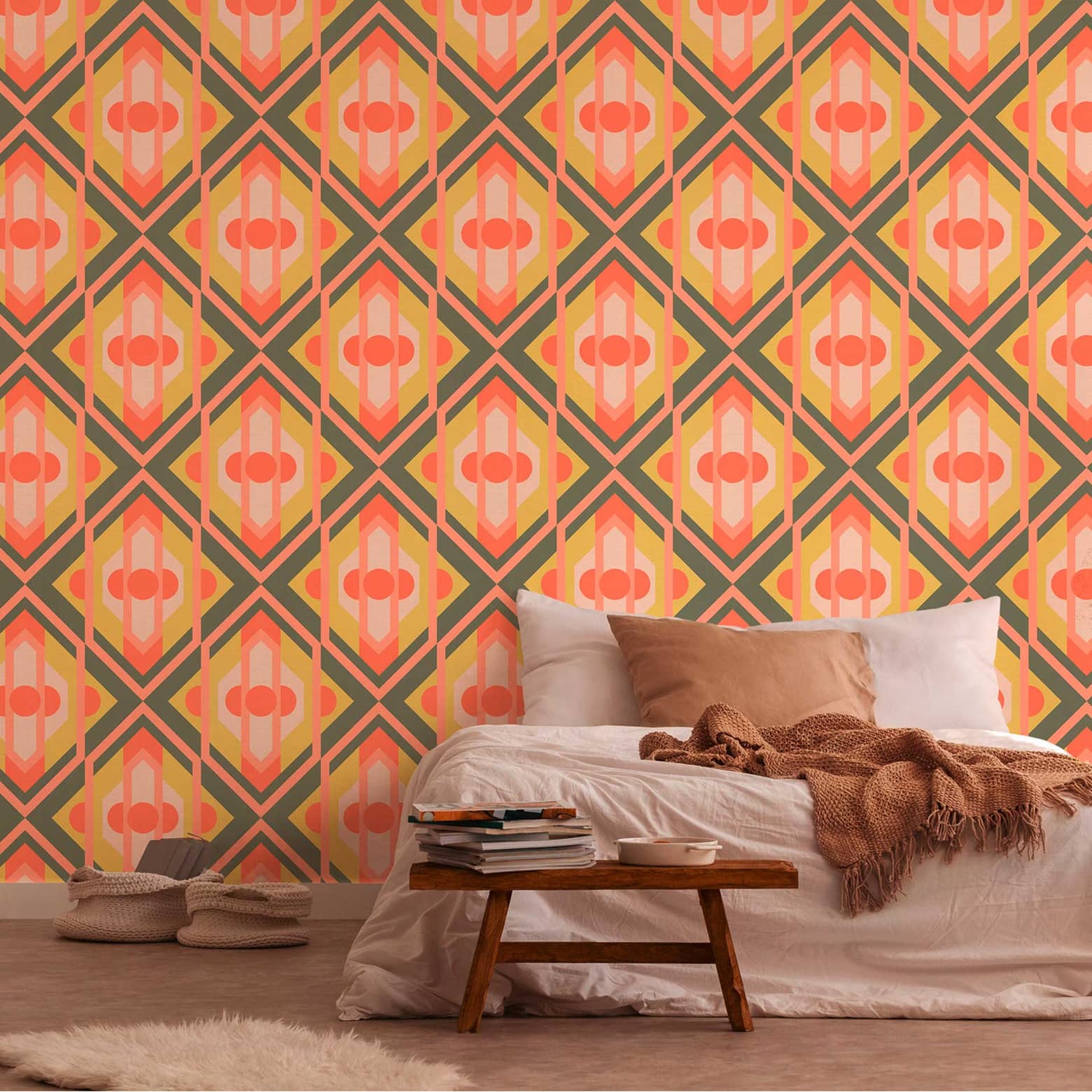 vliesbehang retro style groen oranje - abstract patroon behang ...