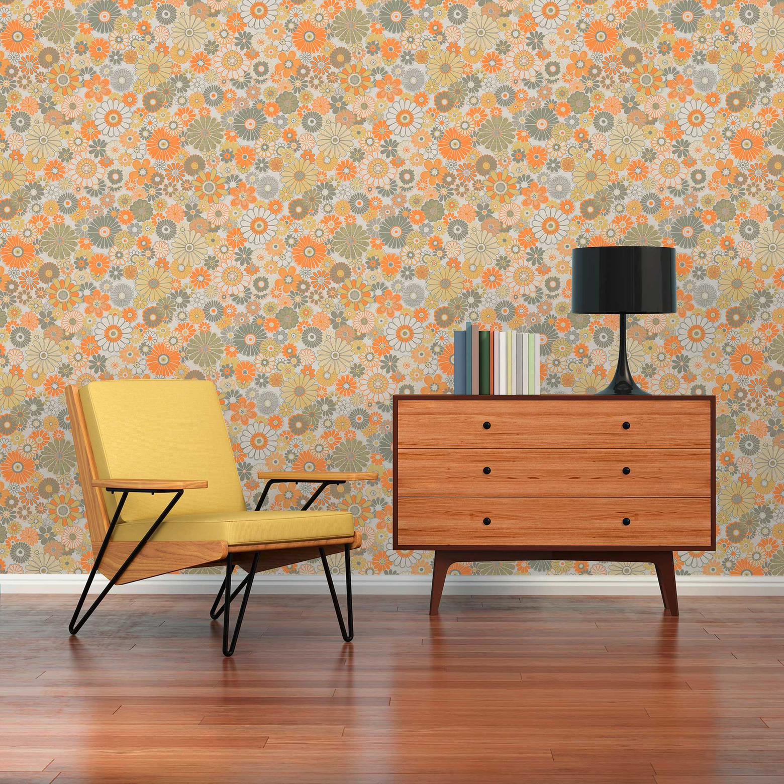 behang met bloemen oranje groen - bloemen vliesbehang in retro stijl ...