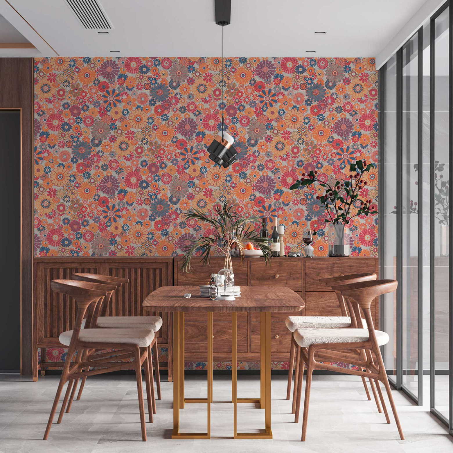 retro behang met bloemen - bloemenvliesbehang rood blauw ...