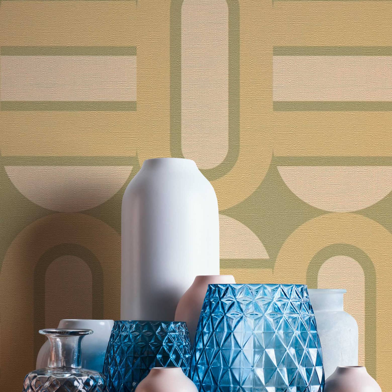 grafisch behang groen crème - vintage vliesbehang in retro stijl - peel ...