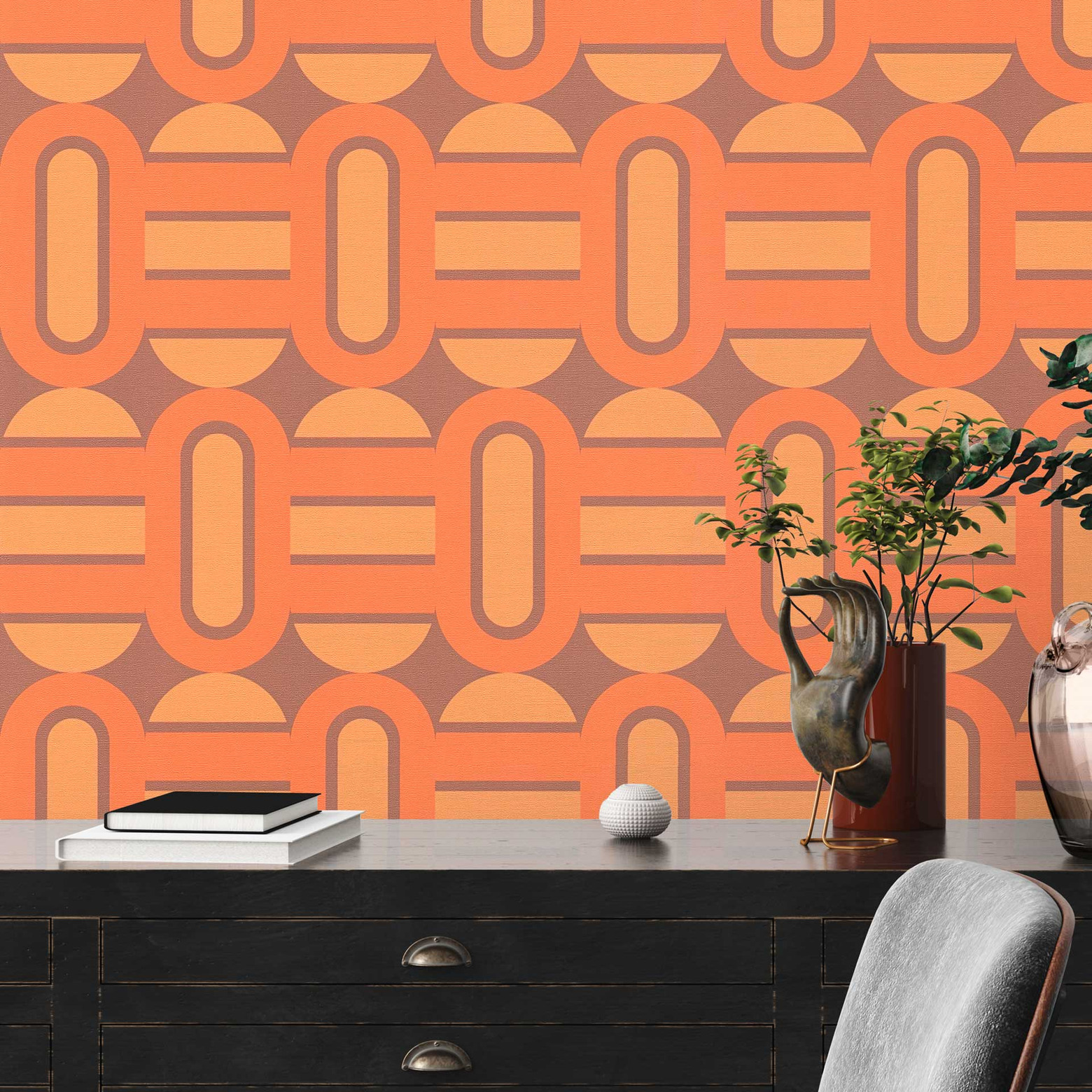 grafisch behang bruin geel - vliesbehang in retrostijl ...