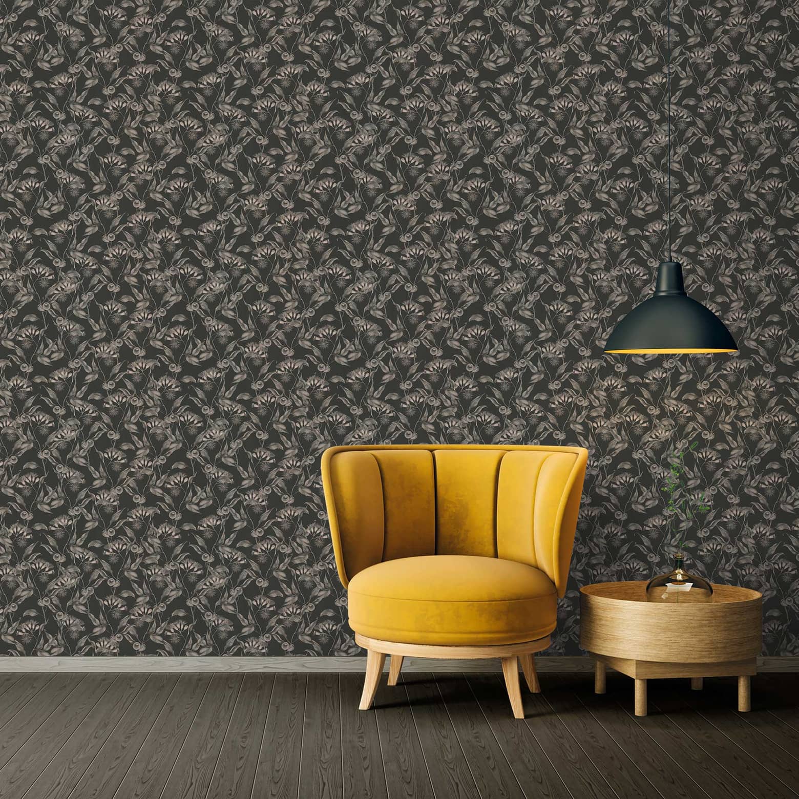 blomstret tapet med olivengrene sort og hvid - blomstret non-woven ...