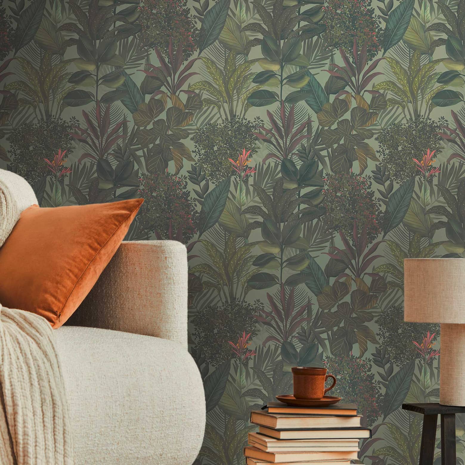 patroon behang planten en grassen groen rood - jungle behang met ...
