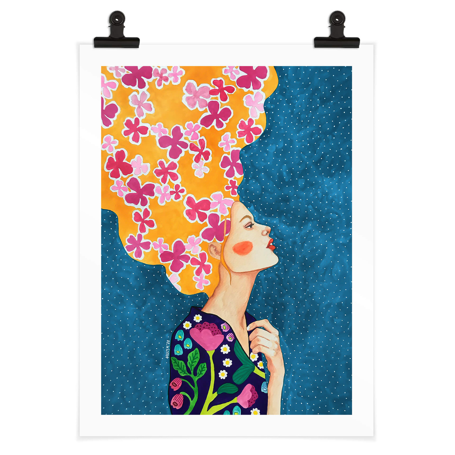 Poster Woman with pink flowers in her hair - Hülya | wall-art.com