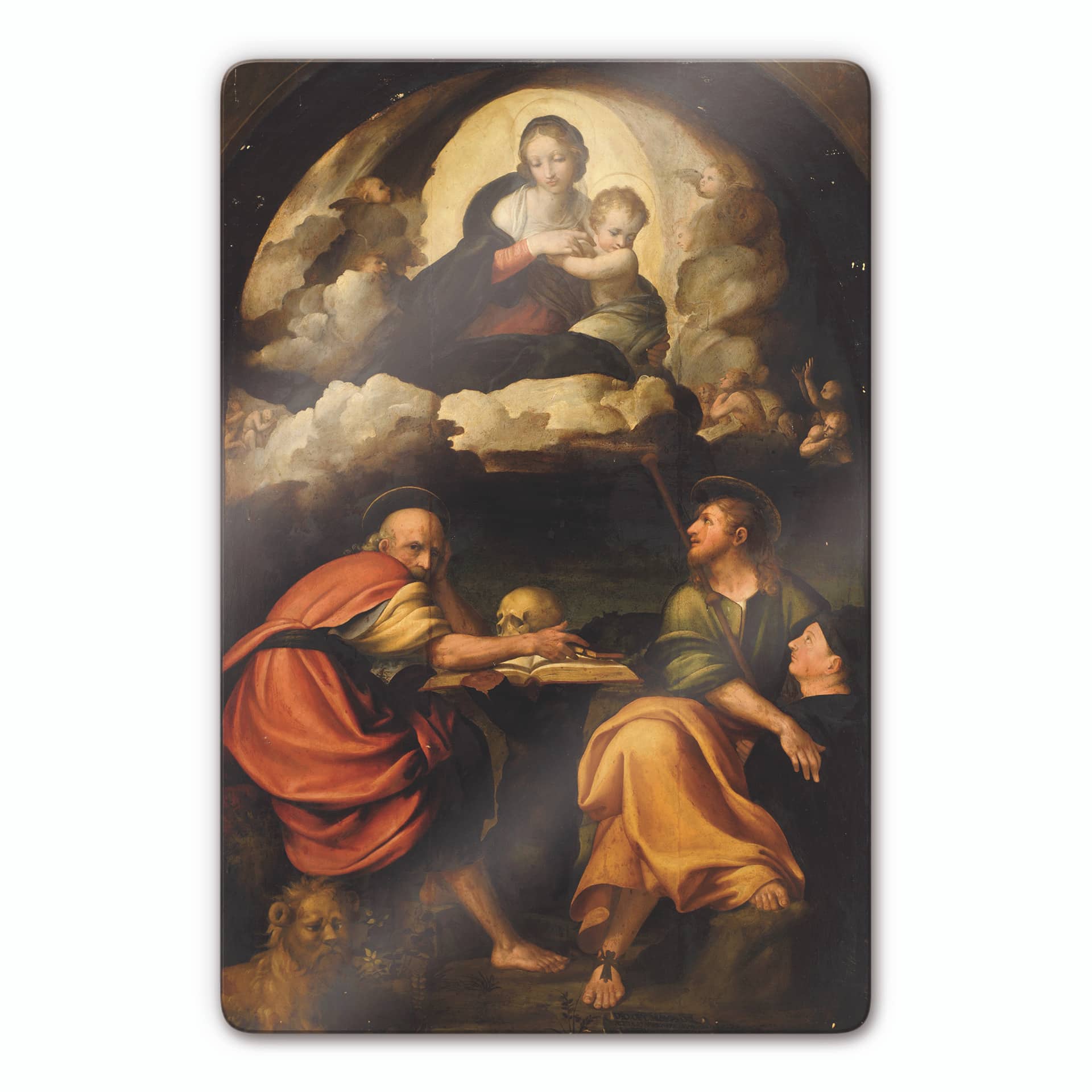 Glasbild Michelangelo - Maria mit Kind in der Glor | wall-art.de