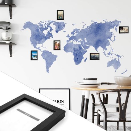 Sticker mural Mappemonde (Bleu) + 5 cadres photo | wall-art.fr